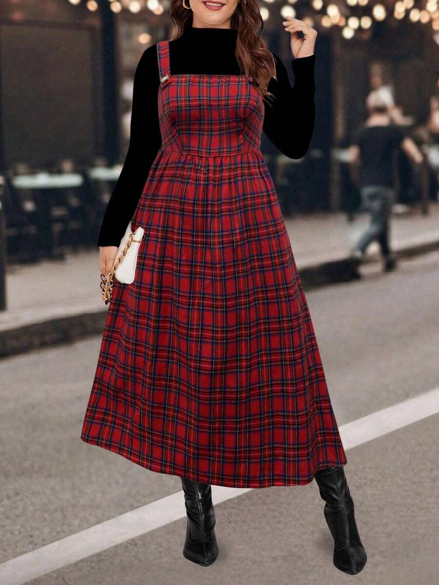 SHEIN LUNE Plus Size Mid-Length Red Plaid Pinafore Dress, Slimming For ...