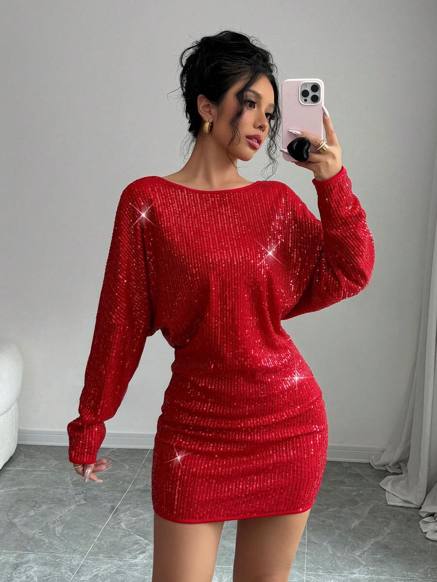 Elenzga Elegant Red Sequin Batwing Sleeve Asymmetrical Neck Party Dress ...