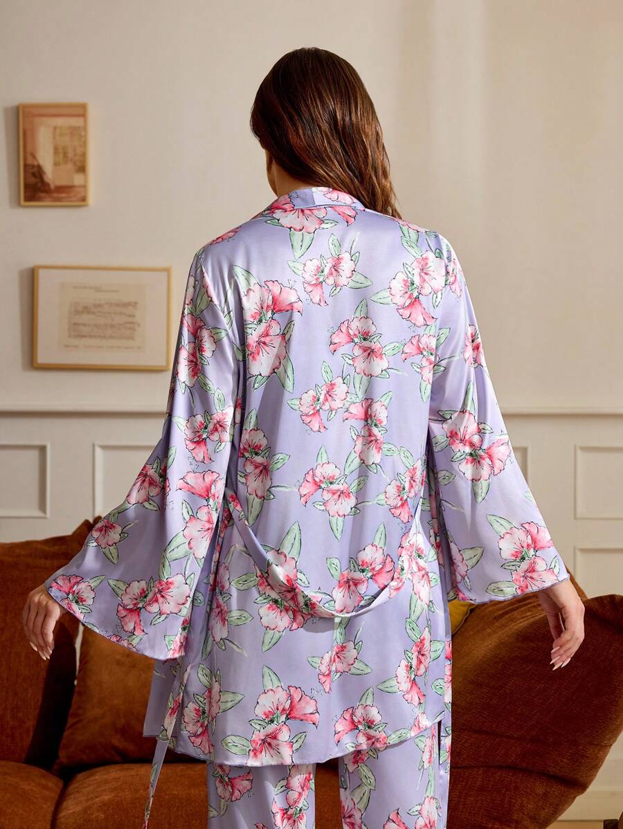 Becci Designer Women's Lilac Floral Flower Printed Satin Bow Tie Pajama ...