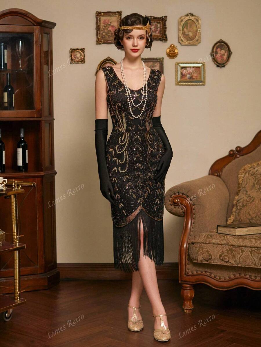 1920s V-Neck Vintage Fishtail Flowing Dress Sequin Beaded Tassel Skirt ...