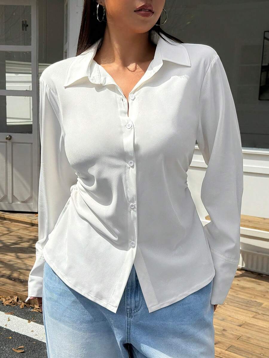 Shein Ezwear Plus Size Front Button Closure Waist Cinched White Long