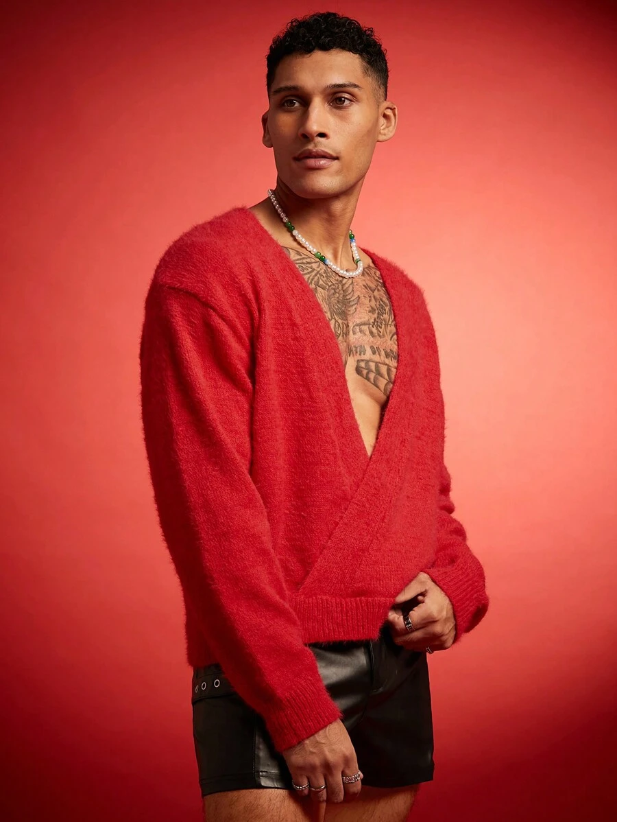 FeverCity Herren einfarbiger, schlicht sexy überlappender V-Ausschnitt ...