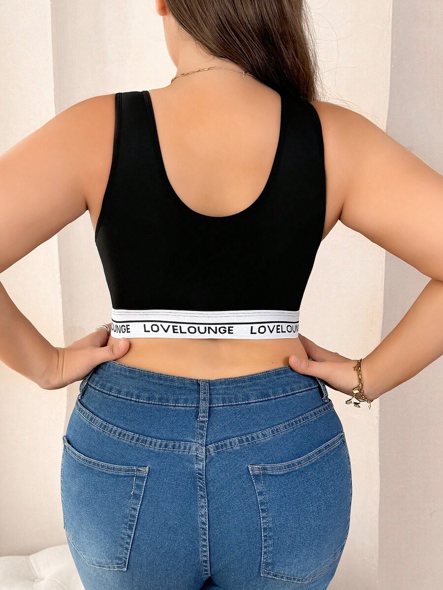 Plus Size Front Button Contrast Color Patchwork Letter Trim Body Shaper ...