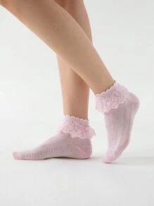 ROMWE Kawaii Women's Solid Color Lace Trim Cute Short Socks | SHEIN USA