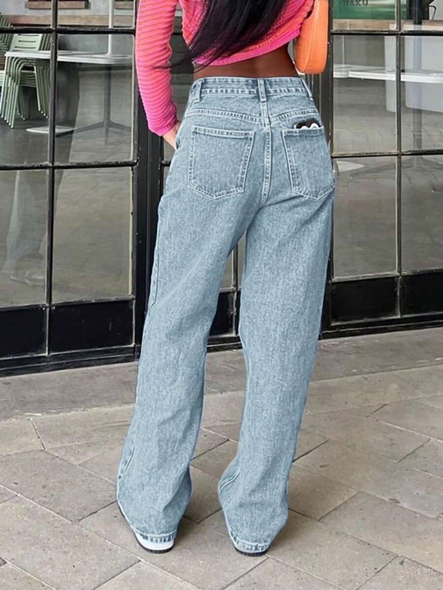 Women's Daily Casual Washed Straight Leg Loose Jeans With Diagonal ...