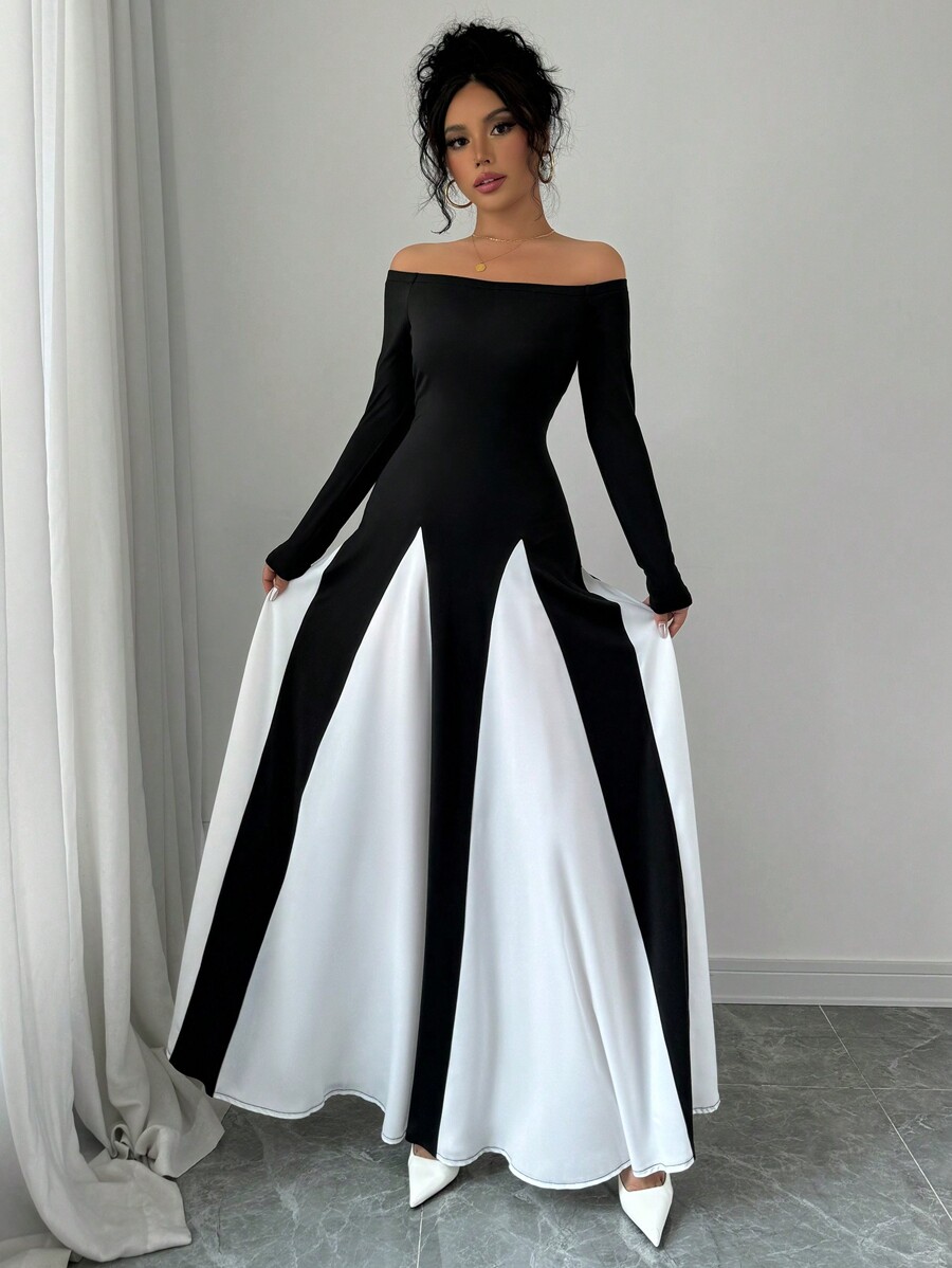 SHEIN Raffinéa Elegant Sexy Daily Party Dress, Off-Shoulder Waist Cinched Bodycon Dress With ...