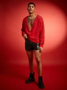 FeverCity Herren einfarbiger, schlicht sexy überlappender V-Ausschnitt ...