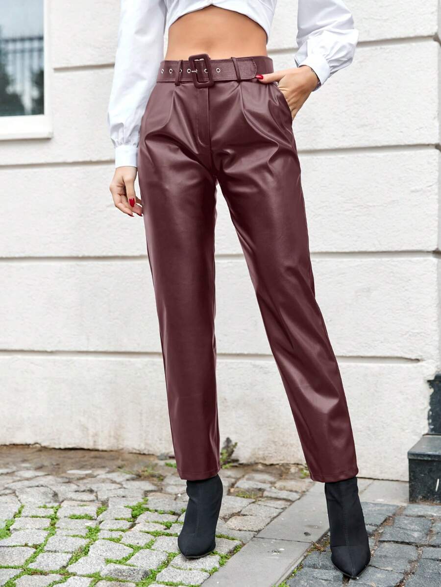 EURMUSE Eyelet Buckle Belted PU Pants | SHEIN USA