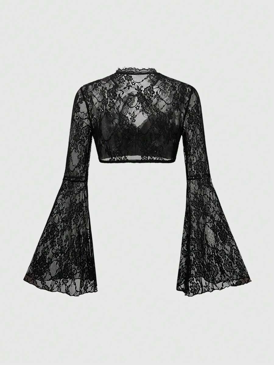 ROMWE Goth Plus Size Gothic Cross Lace Sheer Black Blouse | SHEIN UK