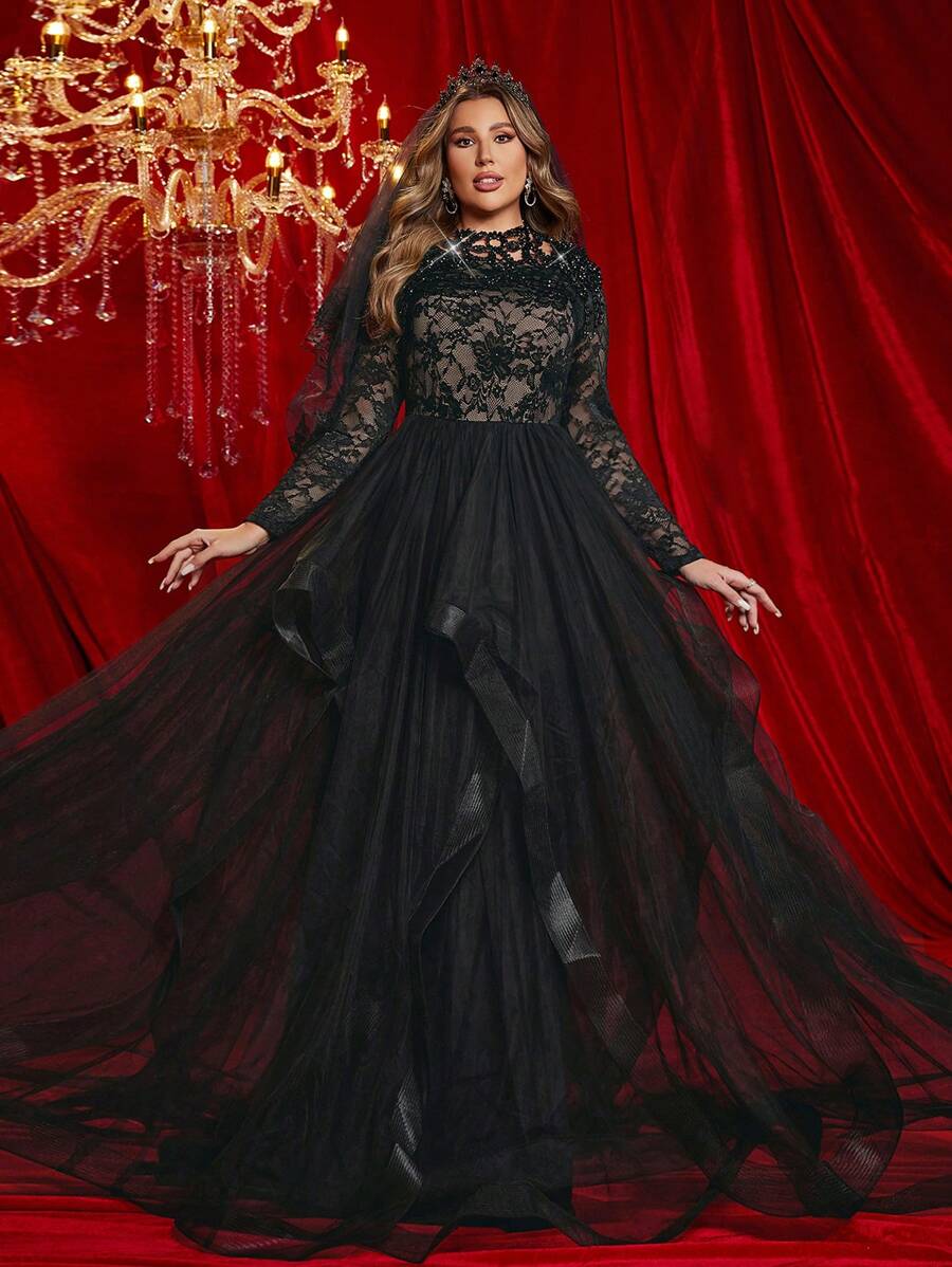 SHEIN Belle Plus Size Gothic Style Layered Ruffle Trim Black Lace And ... SHEIN Belle Plus Size Gothic Style Layered Ruffle Trim Black Lace And ...