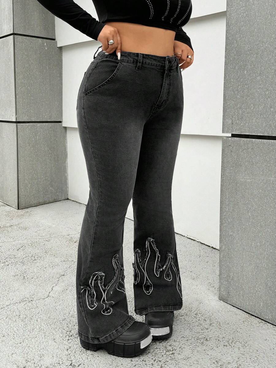 SHEIN ICON Black Plus Size Jeans Stretch Flared Pants Y2K Outfit Flame Pattern Halloween Outfits ...