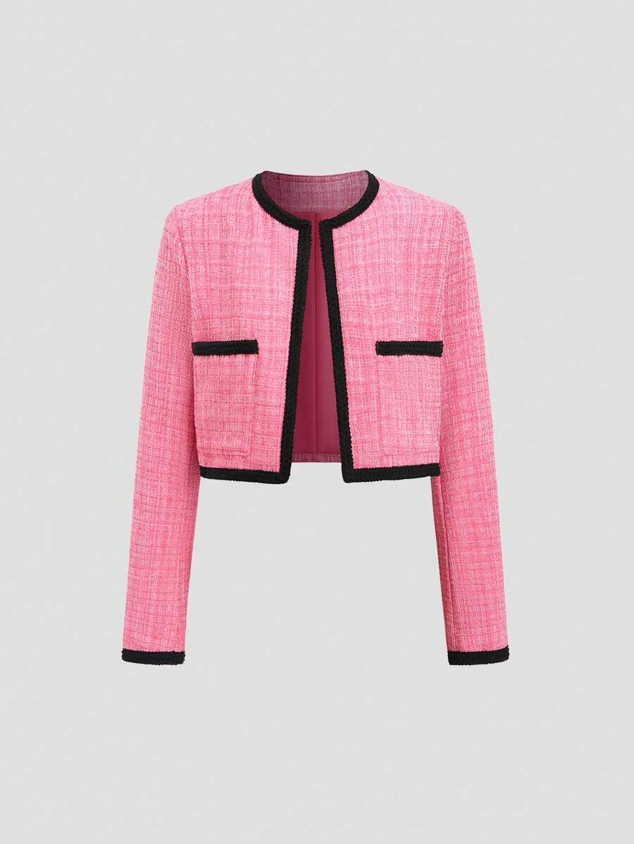 Sweetra Chaqueta corta elegante de mujer con bolsillo y ribete de ...