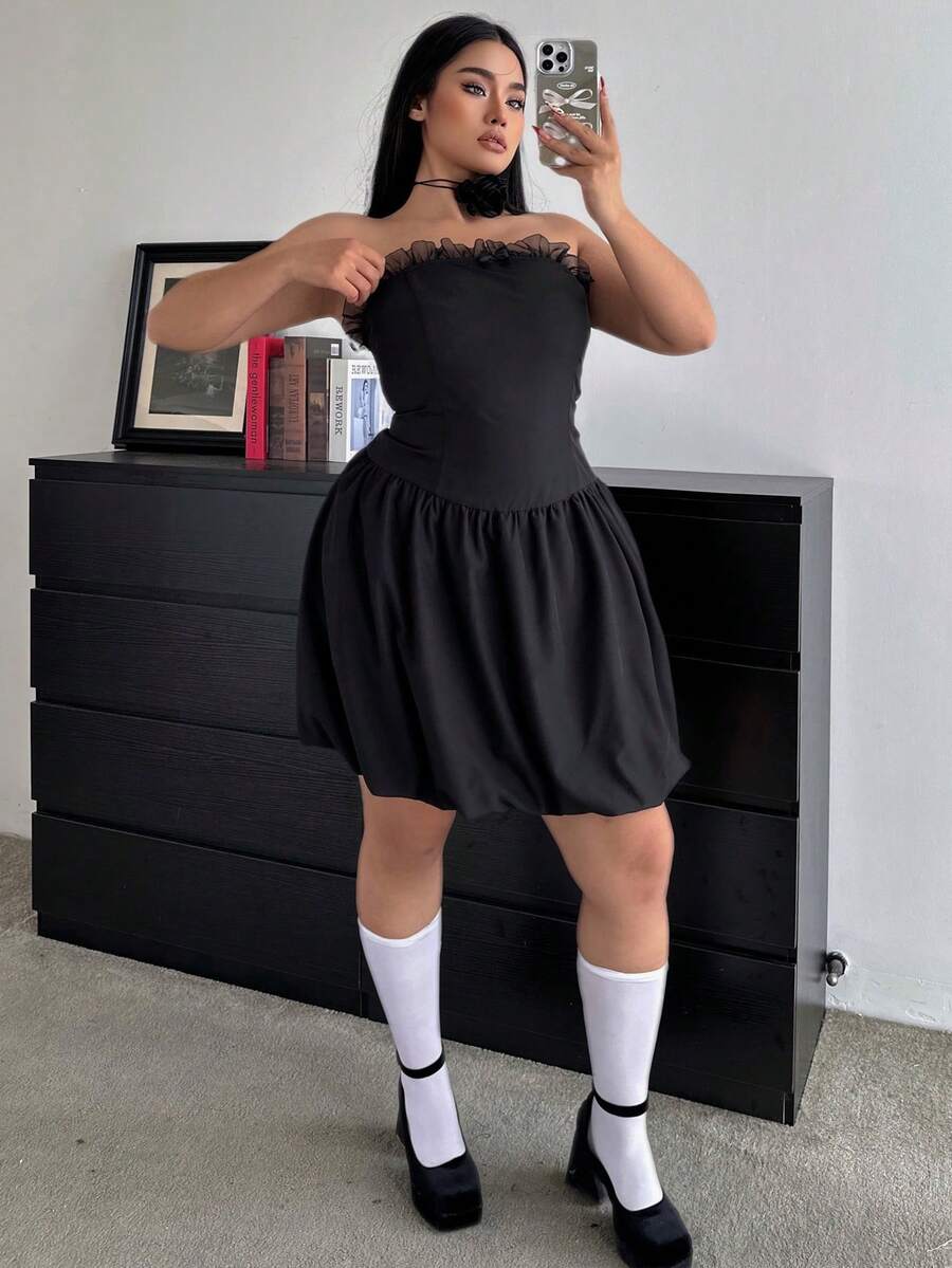 SHEIN POPSWAY Plus Size Black Off Shoulder Strapless A-Line Princess Puff Dress for Sale ...