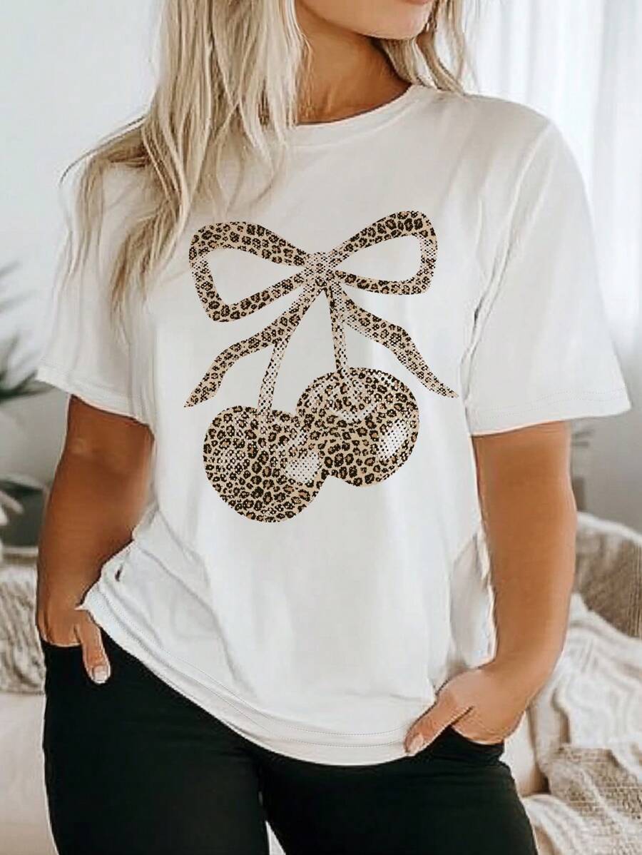 INAWLY Camiseta casual de talla grande con cuello redondo y manga corta con estampado de cerezas ...