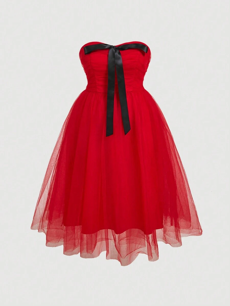 SHEIN MOD Plus Size Vintage Sweet Net Yarn Ruffle Bow Accent Dress ...