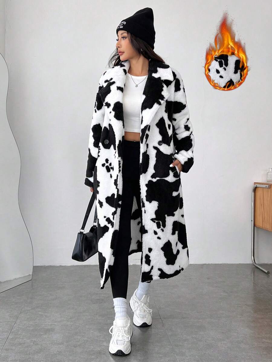 SHEIN EZwear Plus Size Women Warm Black & White Cow Pattern Fluffy Fuzzy Teddy Coat, Cold ...