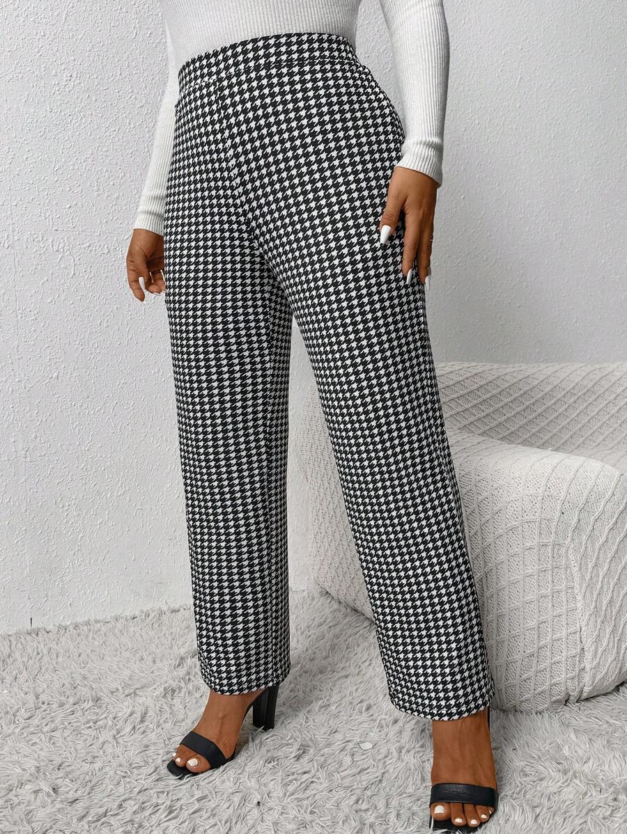 Plus Size Women Houndstooth High Waist Straight Leg Loose Casual Pants ...
