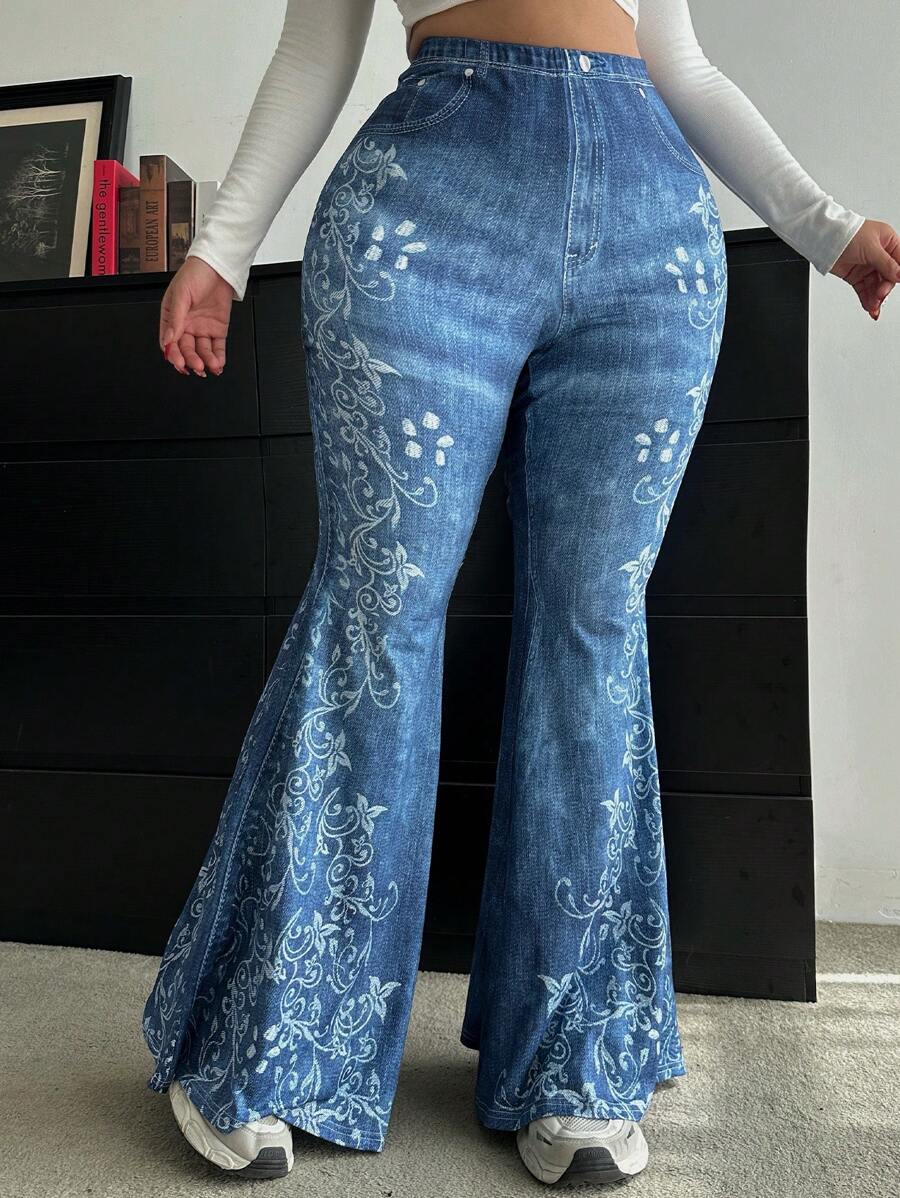 Flirla Plus Size Sexy Denim Effect Print Casual Skinny Flared Pants ...