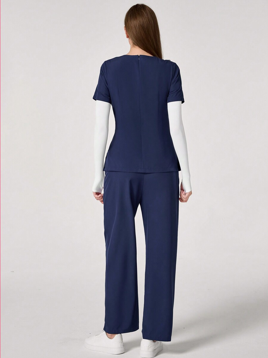 SHEIN TaskFit Solid Color Short Sleeve And Pants Nurse Uniform Set ...