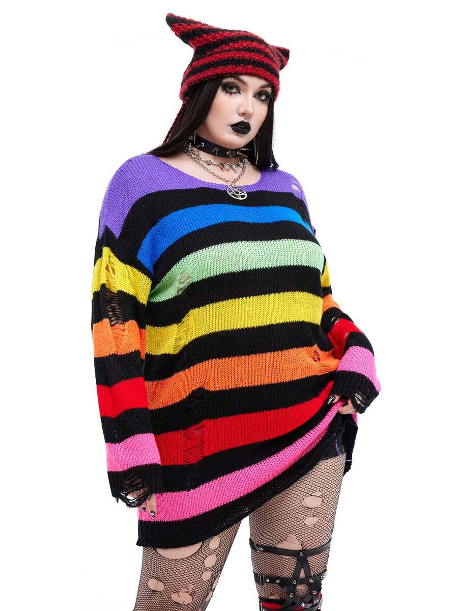 SHEIN Whyspr Plus Size Dark Punk Goth Style Multicolor Knit Pullover ...