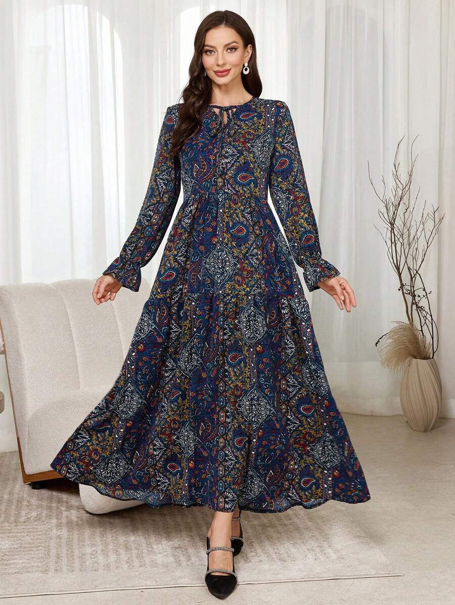 SHEIN Mulvari Women Paisley Print Tie Neck Long Sleeve Maxi Elegant ...