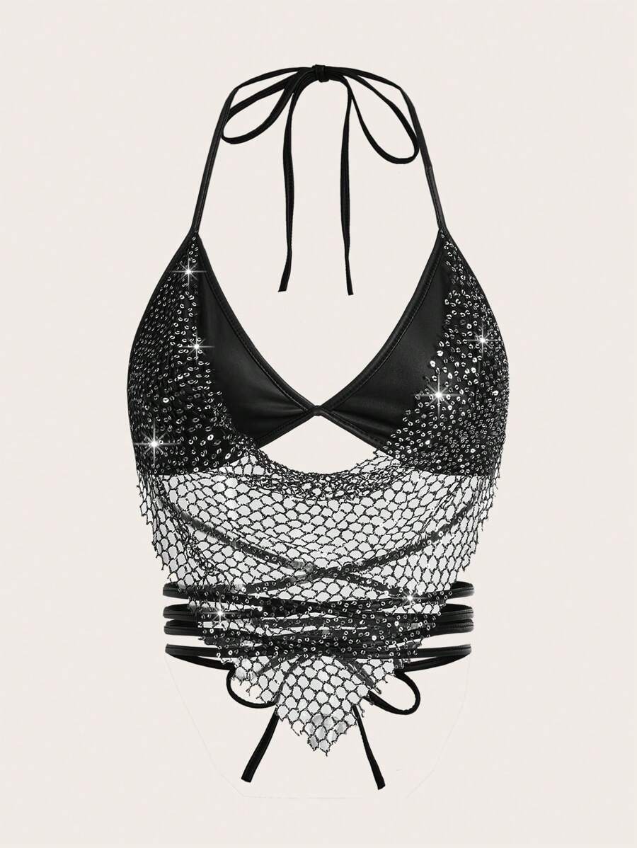 SHEIN ICON Sexy Sequin Mesh Cross Back Halter Crop Y2K Glitter Black Sexy Top | SHEIN USA