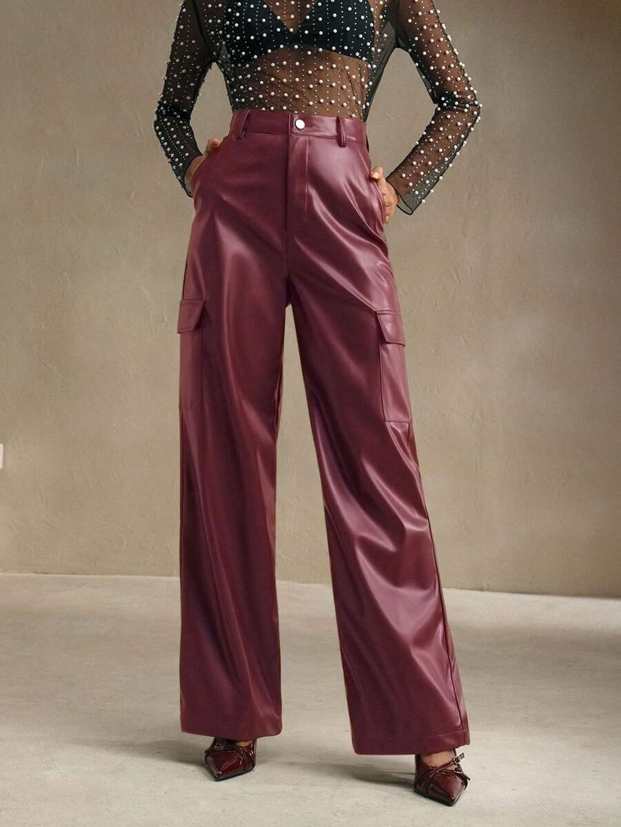 Anewsta Solid Color Fashionable Christmas Women Glossy PU Leather Pants ...