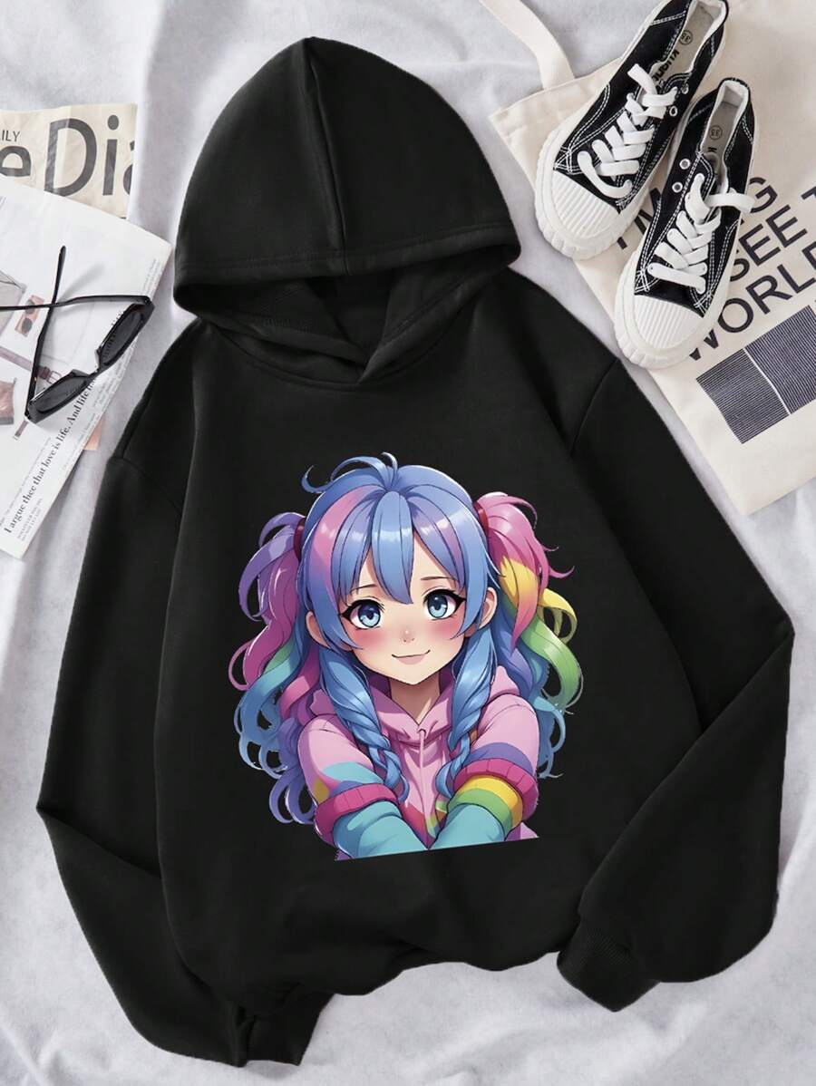 Tween Girls' Cute Cartoon Character Portrait Print Hooded Sweatshirt ...