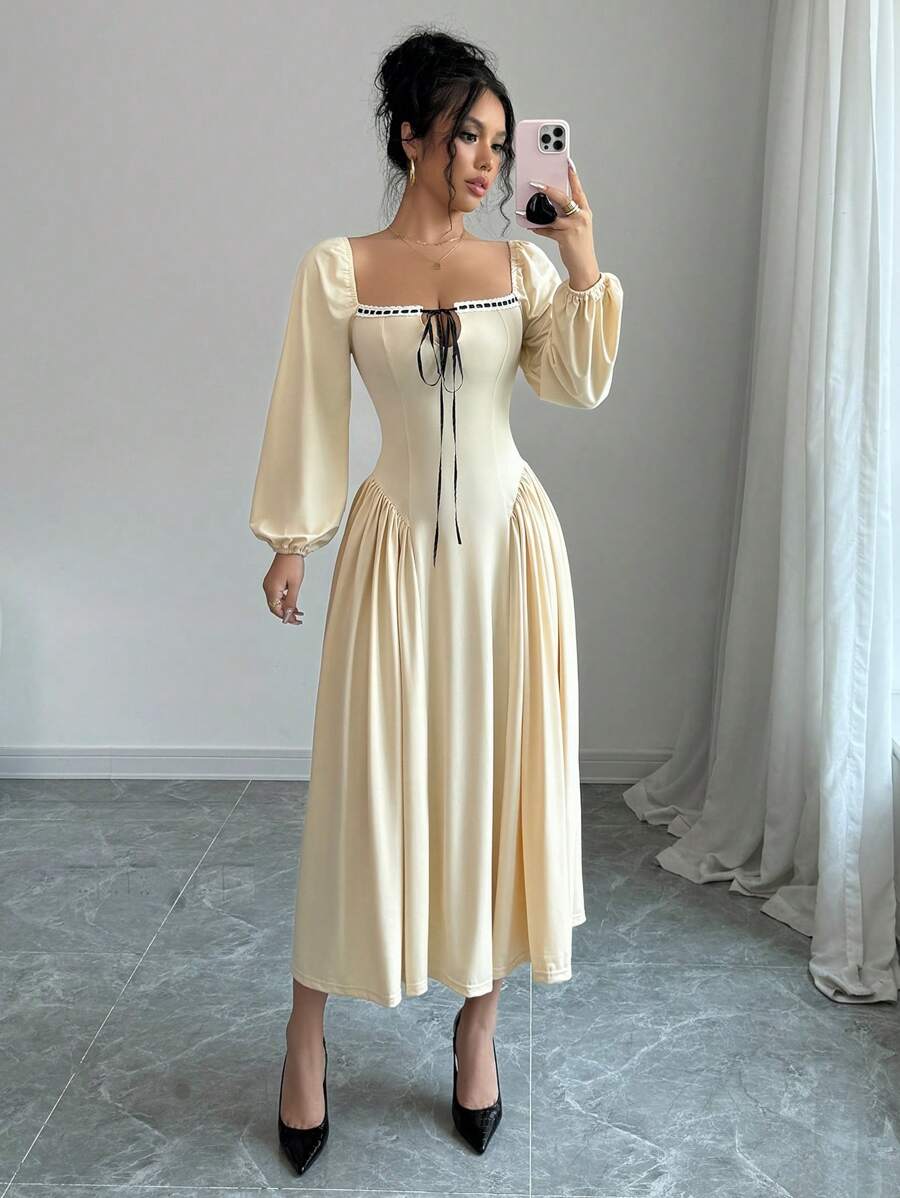 Rafferiza Long Square Neck Front Center Ribbon Decor Princess Seam ...