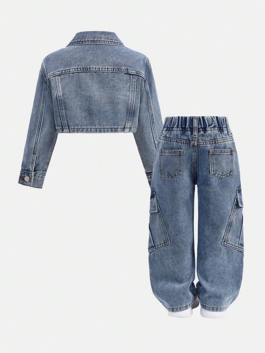 SHEIN Wildeya Y2K スタイル若い女の子ストリートファッション アイスウォッシュ ショート デニムジャケット&ウエストゴム ワイドレッグカーゴジーンズセット、オールシーズン ...