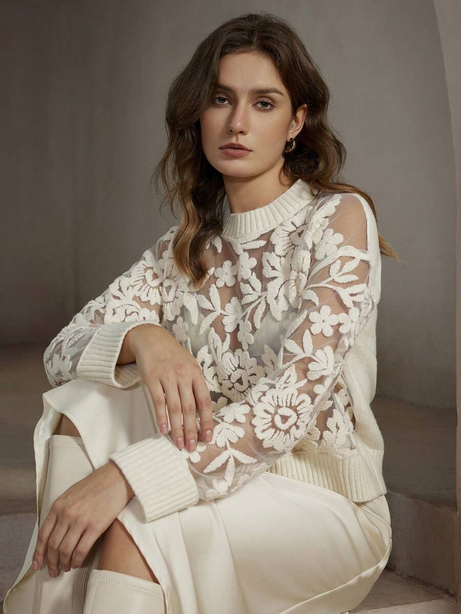 Anewsta Women Autumn Sexy Flower Jacquard Sheer Mesh Panel Sweater,Long ...