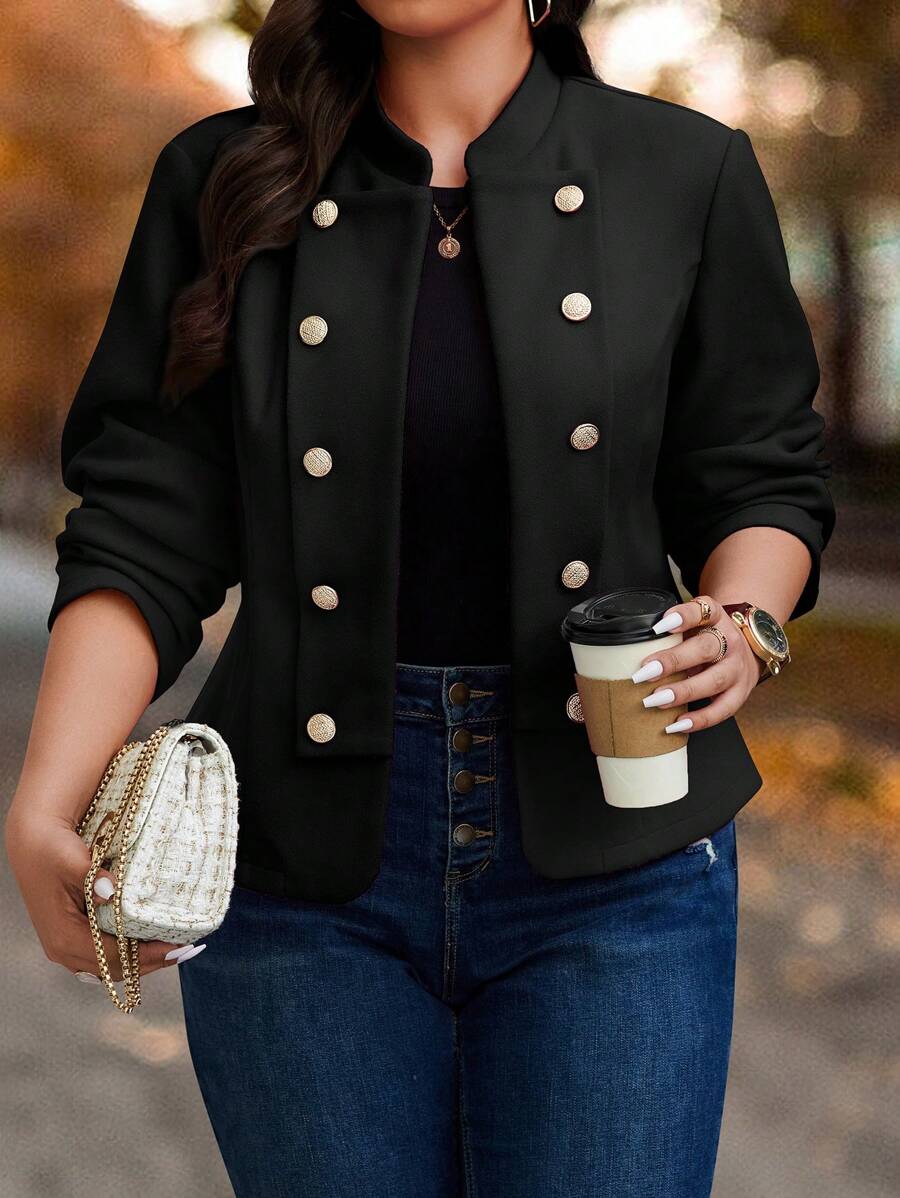 EMERY ROSE Plus Size Solid Color Double-Breasted Elegant Stylish Long Sleeve Jacket Plus Size ...