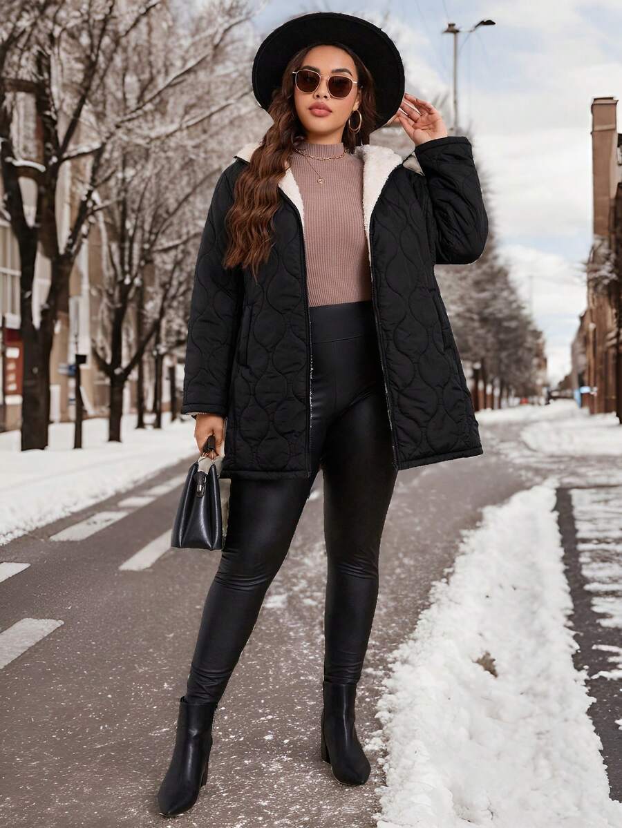 SHEIN LUNE Plus Size Black Padded Zip-Up Slant Pockets Hooded Quilted Coat Autumn & Winter for ...