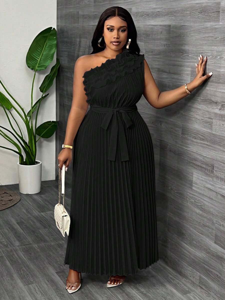 Slaydiva Plus Size Elegant Luxurious Asymmetric Shoulder Ruffle Waist ...