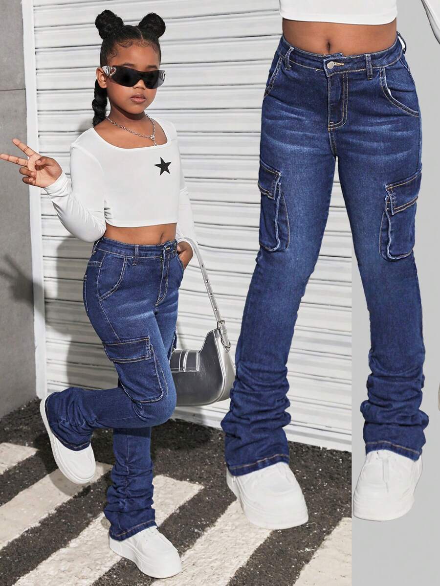 SHEIN Tween Girl Y2K Solid Washed Flared Jeans With Pleats And Flap ...