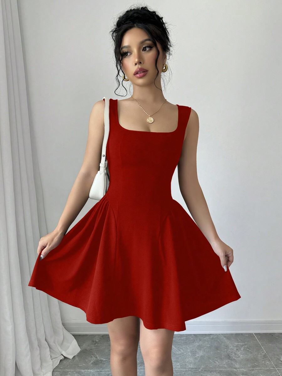 Elenzga New Ladies Square Neck Sleeveless A-Line Ruched Hem Dress, High ...