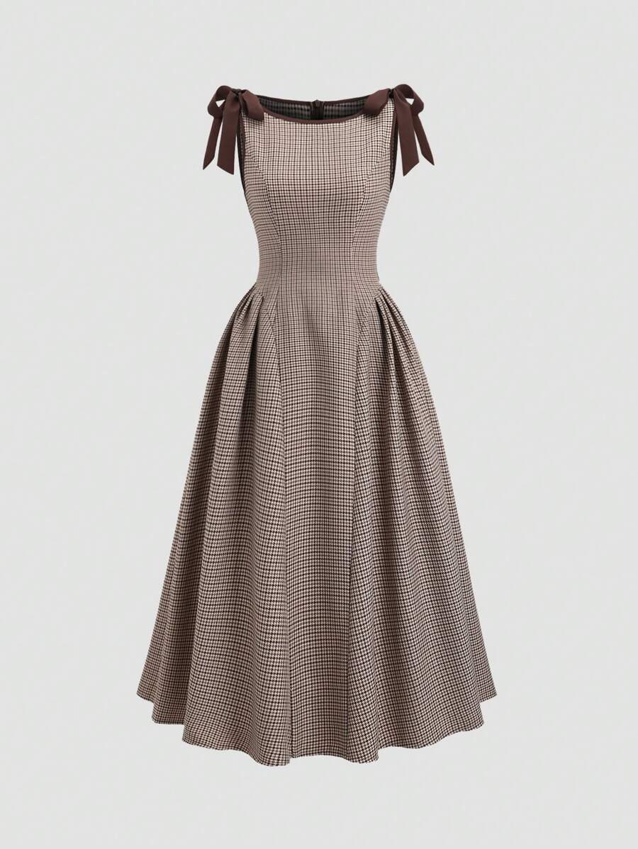 Sweetra Autumn/Winter Retro Houndstooth Contrast Tie Bowknot Waist Slim ...