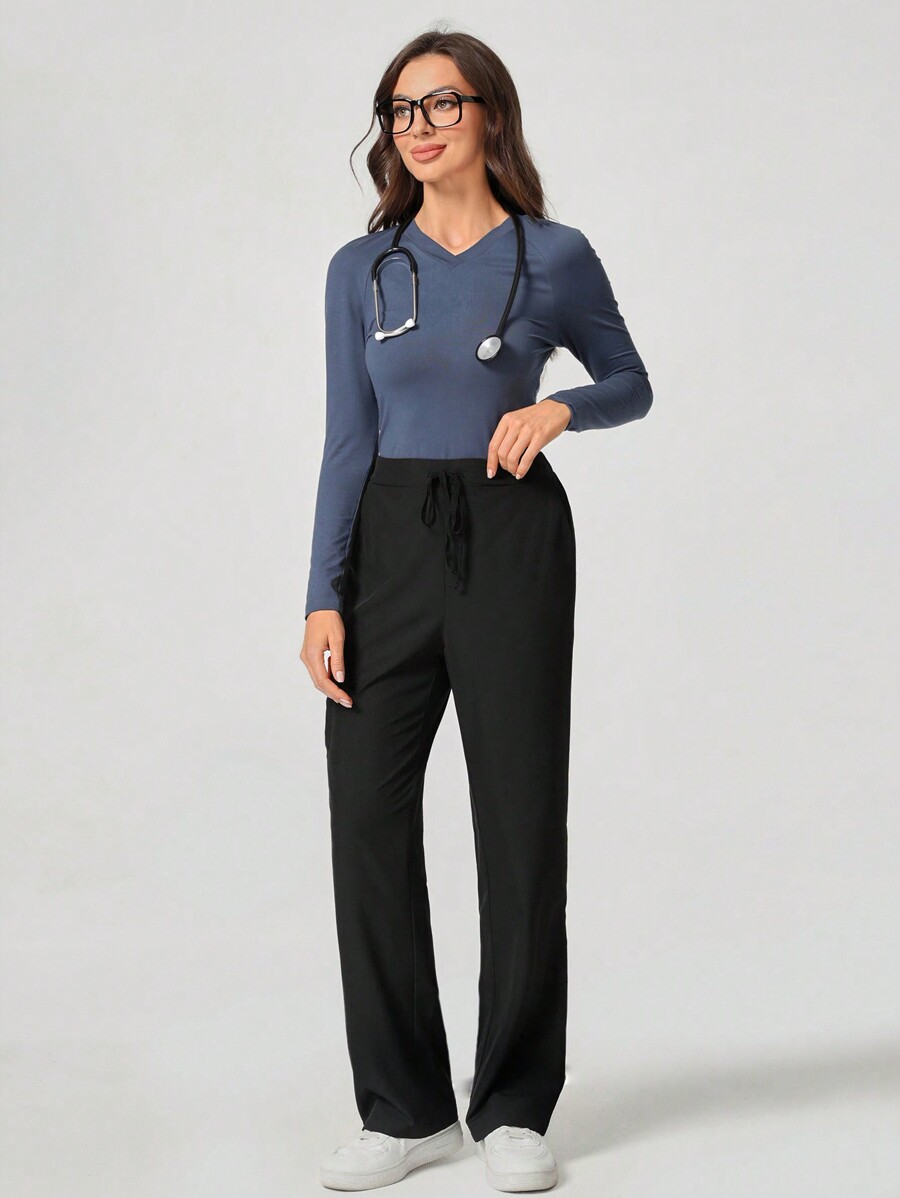 SHEIN TaskFit Women Simple Solid Color Multi-Pocket Drawstring Waist ...