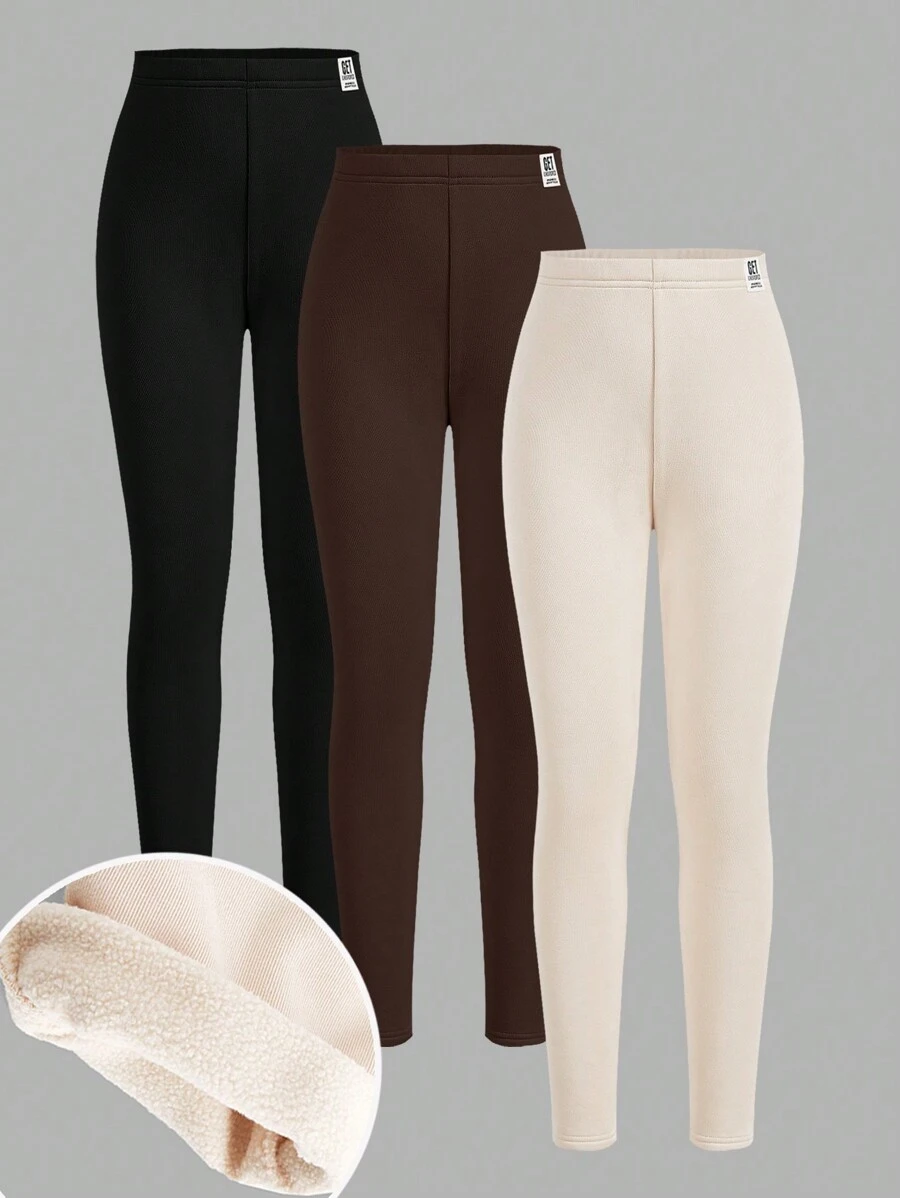 SHEIN EZwear 3 ชิ้น/แพ็ค กางเกงเลกกิ้งผู้หญิงไซส์ใหญ่พิมพ์ตัวอักษรเบา, เสื้อผ้าฤดูหนาวสำหรับ ...