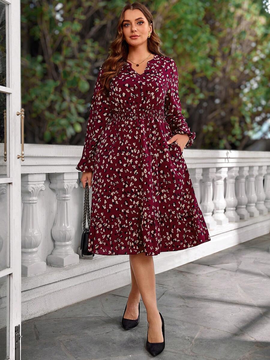 EMERY ROSE Plus Size Women Burgundy Midi Dress For Autumn | SHEIN USA