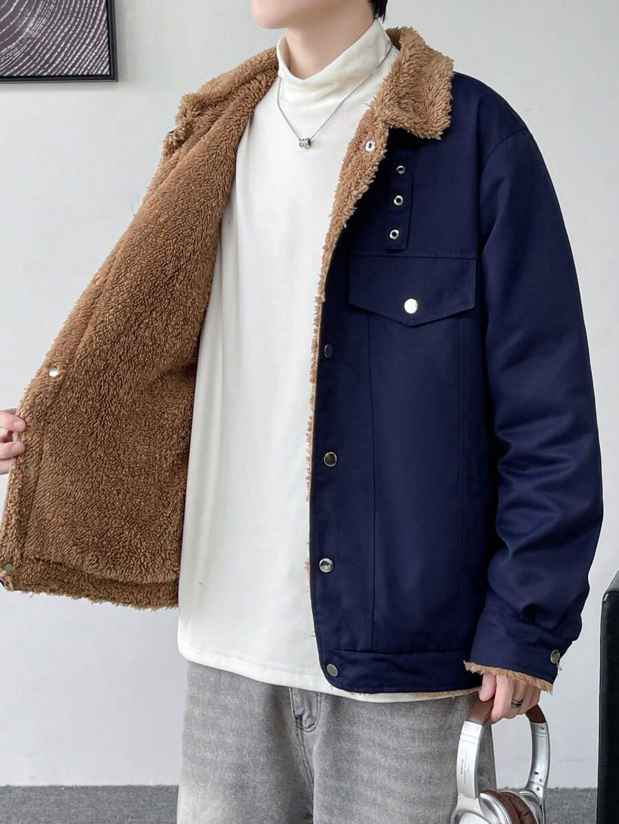 Manfinity Hypemode Men's Navy Blue Single-Breasted Thermal Lined Winter ...