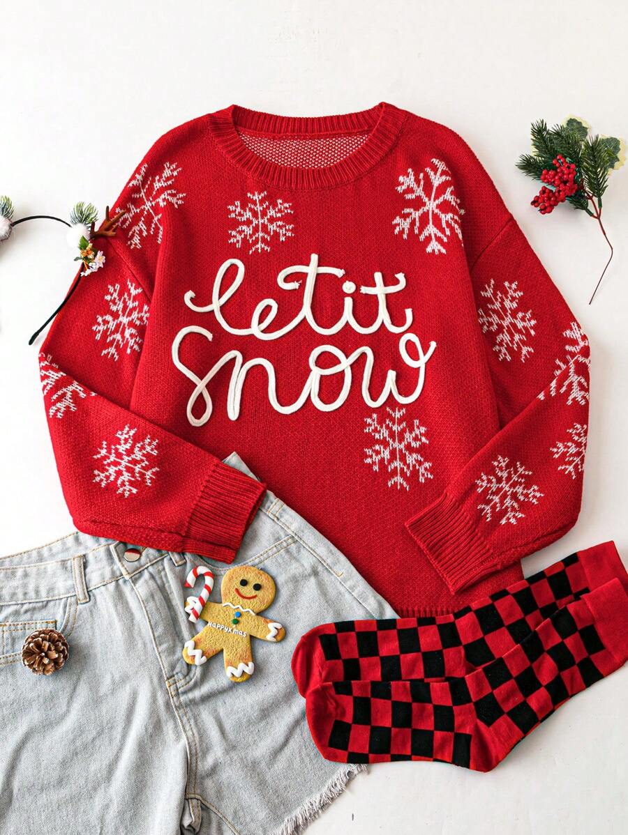 SHEIN LUNE Plus Size Christmas Snow Flake Red Color Sweater With ...