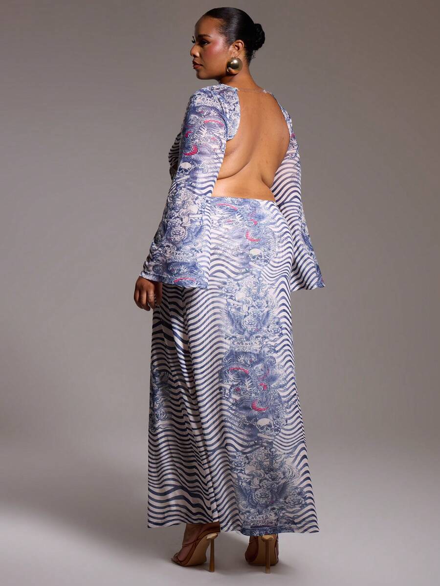 MUSERA Plus Abstract Print Cut Out Side Long Sleeve Maxi Dress Sexy ...