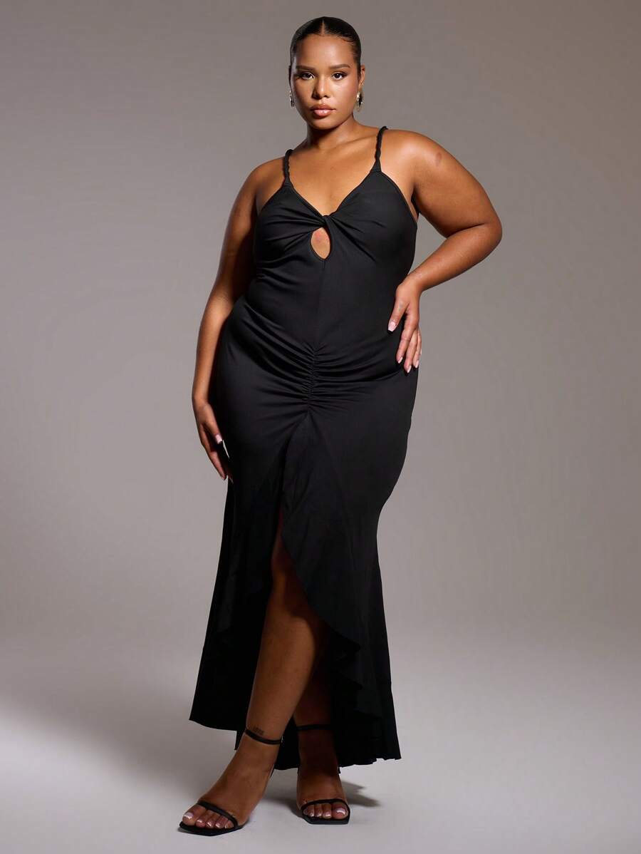 MUSERA Plus Size Slinky Twist Front Cut Out Front Ruffle Split Long ...