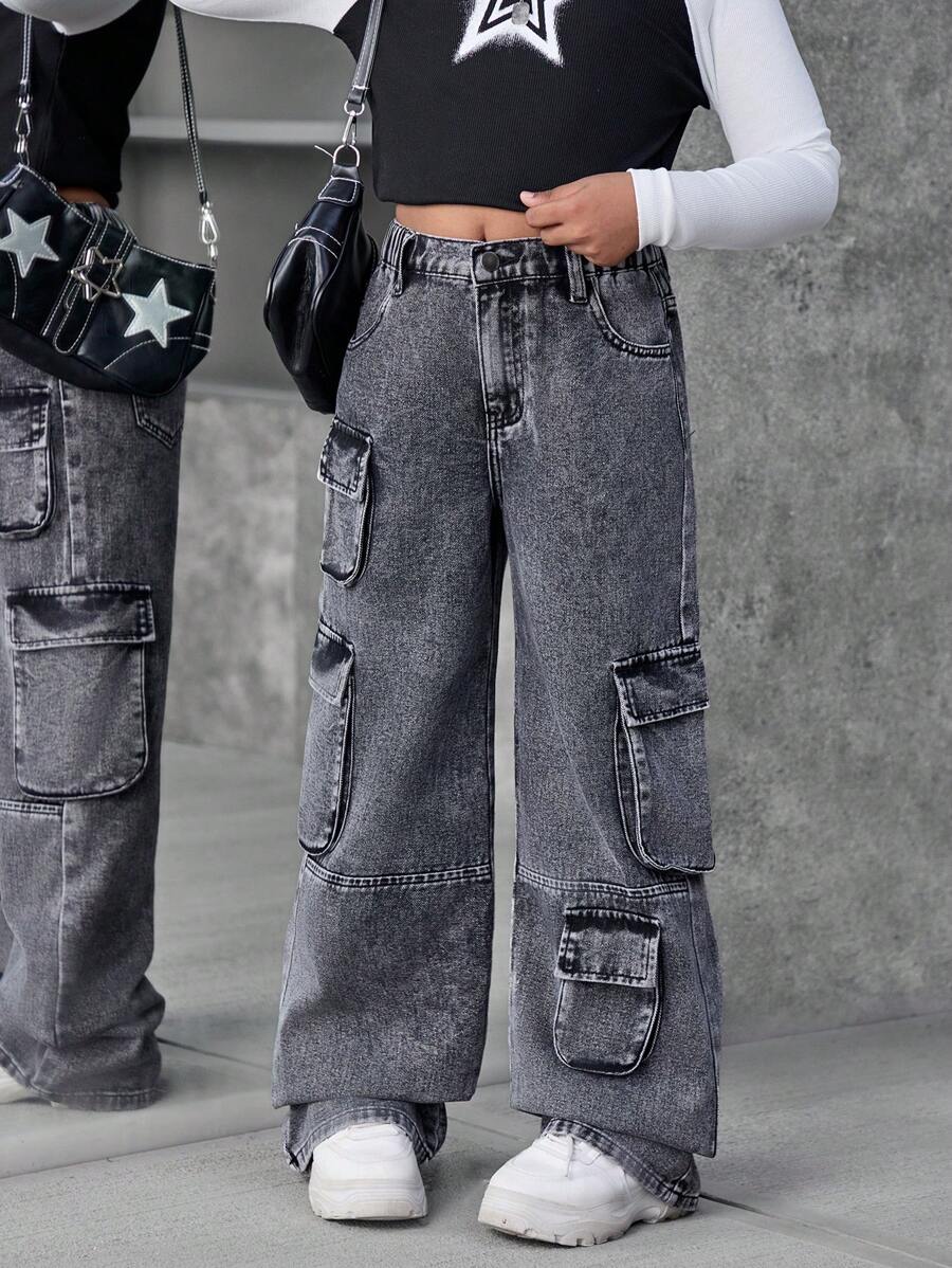 SHEIN Streecool Kids Tween Girl Oversized Baggy Cargo Jeans, Loose Casual Pants With Multiple ...