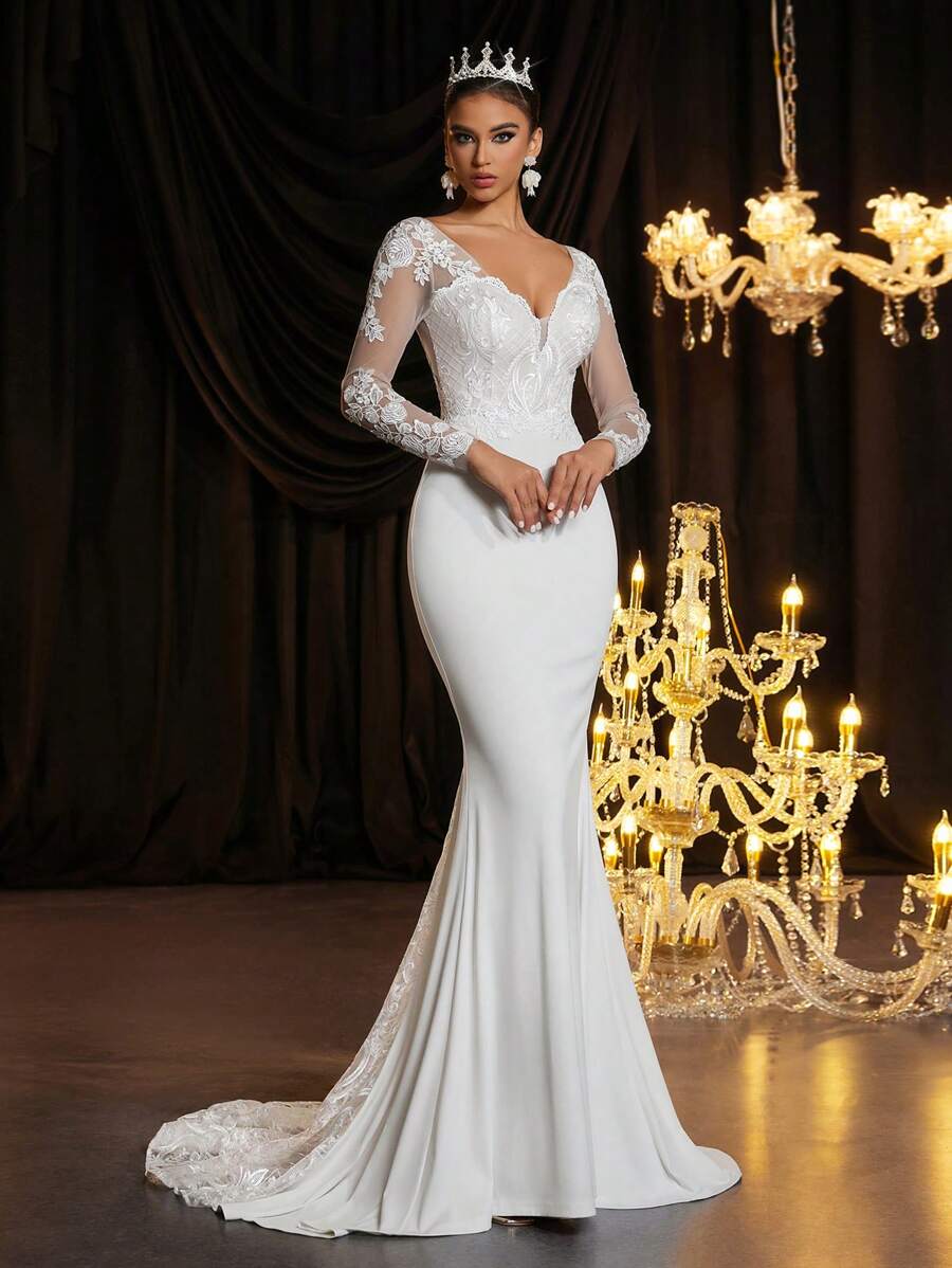 Glamrae Luxurious Elegant White Sexy Backless Sheer Sleeve V-Neck ...