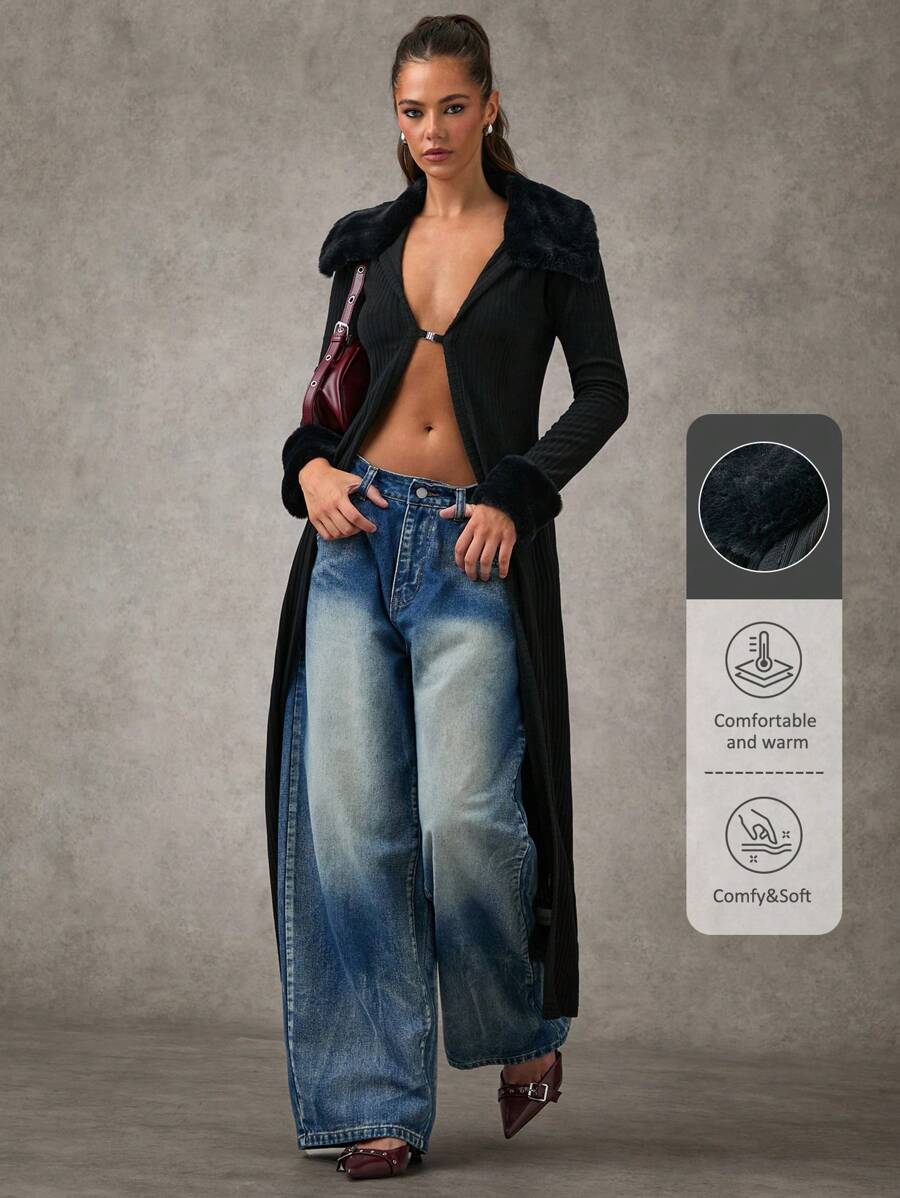 SHEIN BAE Damen Jacke mit einfarbigem, flauschigem Kragen, Patchwork ...