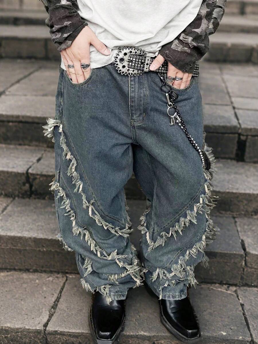 Manfinity EMRG Loose Fit Men's Solid Color Frayed Edge Jeans, Without ...