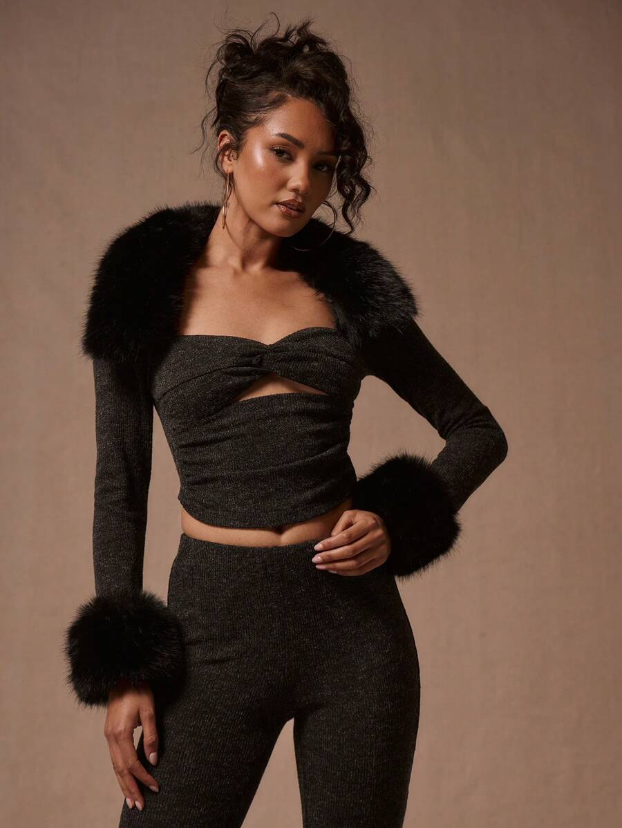 MUSERA Fluffy Trim Twist Bust Cutout Crop Top Going Out TopsVacation ...