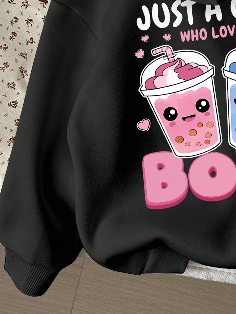 SHEIN Young Girls Casual Cute Cartoon Drink, English Letter "BOBA GIRL ...